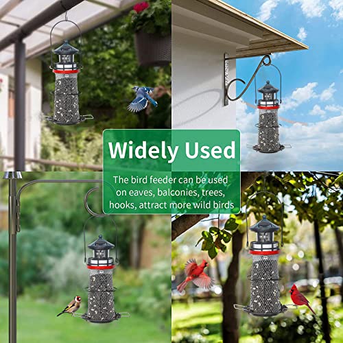 HSHD Solar Lighthouse Bird Feeder with Rotating Beacon Lamp - 14" Hanging Mesh Wild Bird Feeders for Outdoor Garden Patio Lawn Decor (Retro)