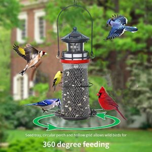 HSHD Solar Lighthouse Bird Feeder with Rotating Beacon Lamp - 14" Hanging Mesh Wild Bird Feeders for Outdoor Garden Patio Lawn Decor (Retro)