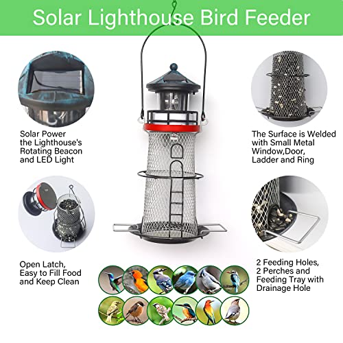 HSHD Solar Lighthouse Bird Feeder with Rotating Beacon Lamp - 14" Hanging Mesh Wild Bird Feeders for Outdoor Garden Patio Lawn Decor (Retro)