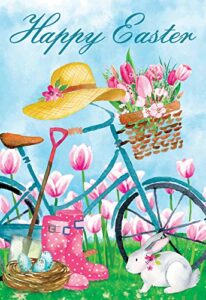 texupday happy easter bicycle with cute bunny tulips decoration spring house flag outdoor yard flag 28″ x 40″