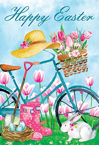 Texupday Happy Easter Bicycle with Cute Bunny Tulips Decoration Spring House Flag Outdoor Yard Flag 28" x 40"