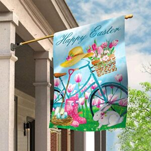 Texupday Happy Easter Bicycle with Cute Bunny Tulips Decoration Spring House Flag Outdoor Yard Flag 28" x 40"