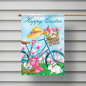 Texupday Happy Easter Bicycle with Cute Bunny Tulips Decoration Spring House Flag Outdoor Yard Flag 28" x 40"