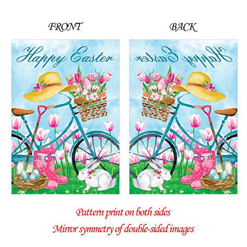 Texupday Happy Easter Bicycle with Cute Bunny Tulips Decoration Spring House Flag Outdoor Yard Flag 28" x 40"