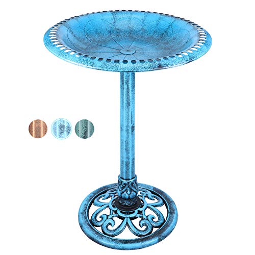 DREAM GARDEN 28 Inch Height Polyresin Birdbaths Lightweight Antique Outdoor Garden Pedestal Bird Bath Blue