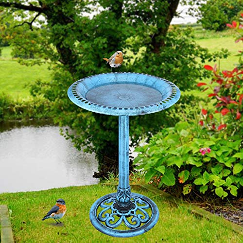 DREAM GARDEN 28 Inch Height Polyresin Birdbaths Lightweight Antique Outdoor Garden Pedestal Bird Bath Blue