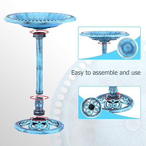 DREAM GARDEN 28 Inch Height Polyresin Birdbaths Lightweight Antique Outdoor Garden Pedestal Bird Bath Blue