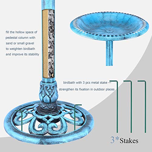 DREAM GARDEN 28 Inch Height Polyresin Birdbaths Lightweight Antique Outdoor Garden Pedestal Bird Bath Blue