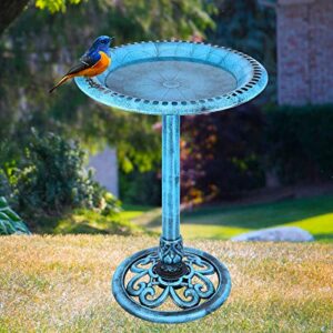 DREAM GARDEN 28 Inch Height Polyresin Birdbaths Lightweight Antique Outdoor Garden Pedestal Bird Bath Blue