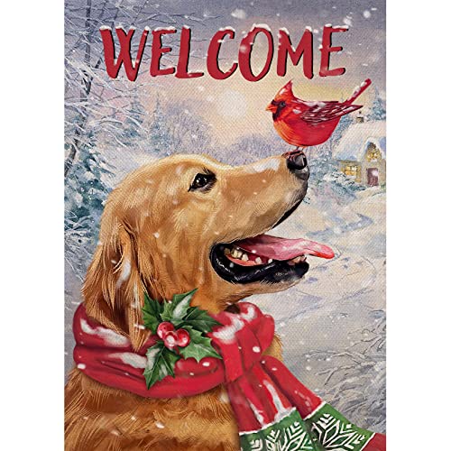 Selmad Welcome Winter Golden Retriever Dog Decorative Burlap Garden Flag, Puppy Cardinal Pet Home Yard Small Outdoor Decor, Christmas Snowy Outside Decoration Double Sided 12 x 18