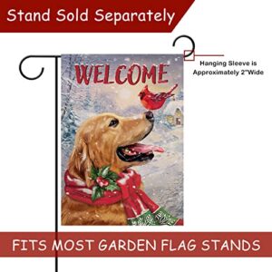 Selmad Welcome Winter Golden Retriever Dog Decorative Burlap Garden Flag, Puppy Cardinal Pet Home Yard Small Outdoor Decor, Christmas Snowy Outside Decoration Double Sided 12 x 18