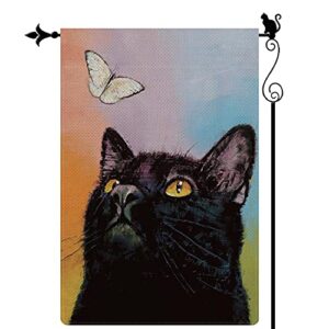 gormcore welcome cute black cat garden flag spring summer butterfly garden flag vertical double sided rustic farmland burlap yard lawn outdoor decor 12.5×18