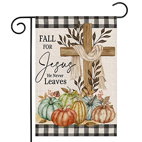 Thanksgiving Cross Garden Flag 12x18 Double Sided,Religious Cross Fall for Jesus Buffalo Plaid with Pumpkins Small Yard Flags for Outside,Seasonal Flags for Autumn Holiday Farmhouse Outdoor