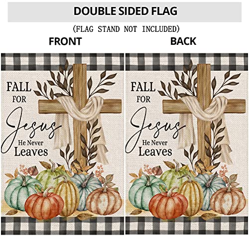 Thanksgiving Cross Garden Flag 12x18 Double Sided,Religious Cross Fall for Jesus Buffalo Plaid with Pumpkins Small Yard Flags for Outside,Seasonal Flags for Autumn Holiday Farmhouse Outdoor