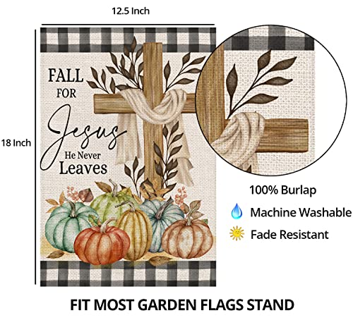 Thanksgiving Cross Garden Flag 12x18 Double Sided,Religious Cross Fall for Jesus Buffalo Plaid with Pumpkins Small Yard Flags for Outside,Seasonal Flags for Autumn Holiday Farmhouse Outdoor