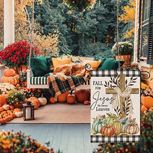 Thanksgiving Cross Garden Flag 12x18 Double Sided,Religious Cross Fall for Jesus Buffalo Plaid with Pumpkins Small Yard Flags for Outside,Seasonal Flags for Autumn Holiday Farmhouse Outdoor