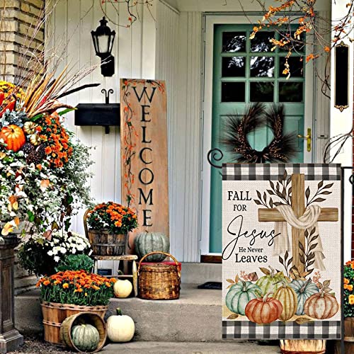 Thanksgiving Cross Garden Flag 12x18 Double Sided,Religious Cross Fall for Jesus Buffalo Plaid with Pumpkins Small Yard Flags for Outside,Seasonal Flags for Autumn Holiday Farmhouse Outdoor