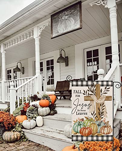 Thanksgiving Cross Garden Flag 12x18 Double Sided,Religious Cross Fall for Jesus Buffalo Plaid with Pumpkins Small Yard Flags for Outside,Seasonal Flags for Autumn Holiday Farmhouse Outdoor