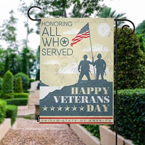 Moslion Happy Veterans Day Garden Flag 12x18 Inch Honoring Who Served Quote Army Flag Solider Stars Symbol Summer Seasonal Garden Flag Outdoor Decorative Double-Sided Cotton Linen