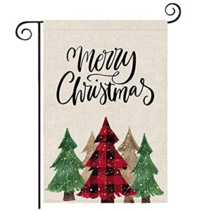 merry christmas garden flag buffalo plaid tree 12×18 double sided, rustic xmas farmhouse seasonal holiday small mini burlap yard flag for outside outdoor decoration