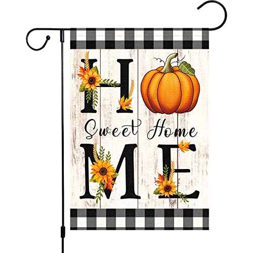 Louise Maelys Home Sweet Home Fall Garden Flag 12x18 Double Sided Vertical, Small Burlap Fall Farmhouse Rustic Buffalo Check Plaid Pumpkin Sunflower Garden Yard Flags Autumn Thanksgiving Outdoor Outside Home Decoration (ONLY FLAG)