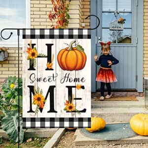 Louise Maelys Home Sweet Home Fall Garden Flag 12x18 Double Sided Vertical, Small Burlap Fall Farmhouse Rustic Buffalo Check Plaid Pumpkin Sunflower Garden Yard Flags Autumn Thanksgiving Outdoor Outside Home Decoration (ONLY FLAG)