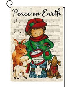 ortigia christmas peace on earth garden flag 12×18 inch the little drummer boy flag burlap vertical double sided christmas nativity religions dog yard flag for outside farmhouse xmas winter holiday yard outdoor decoration