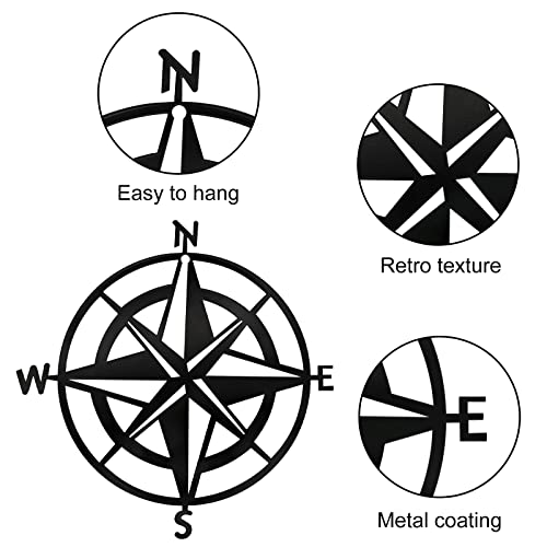 aboxoo Metal Compass Wall Decor 11 inch Metal Decorative Nautical Compass Hanging Wall Art Sculpture for Indoor Living Room Bedroom Office Porch Outdoor Garden Patio Signs.(Black)