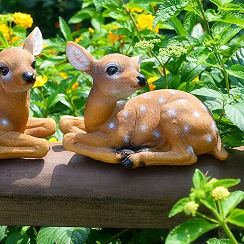 Garden Resin Deer Figurine, Outdoor Garden Statue Deer Lying Down Sculpture Ornaments 6.7x4.5in, Polyresin, Full Color(2 Pcs )