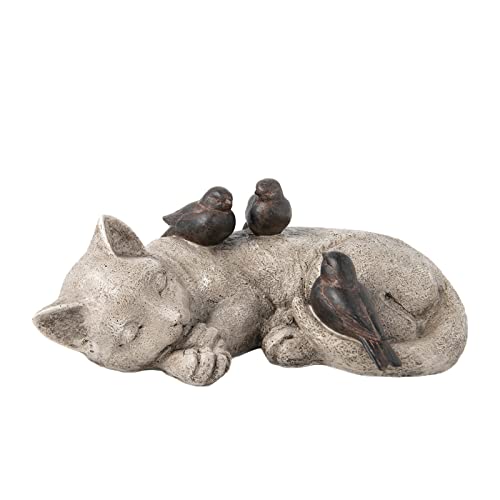 LC LCdecohome Sleeping Cat Garden Statues Outdoor - Sparrows On Cat Figurine 12" x 8" x 4.5"