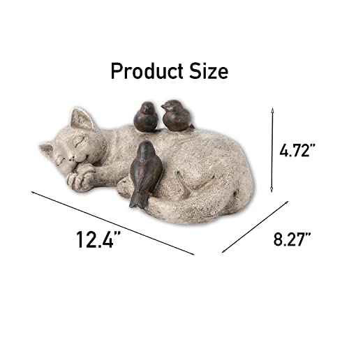 LC LCdecohome Sleeping Cat Garden Statues Outdoor - Sparrows On Cat Figurine 12" x 8" x 4.5"