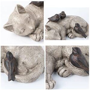 LC LCdecohome Sleeping Cat Garden Statues Outdoor - Sparrows On Cat Figurine 12" x 8" x 4.5"