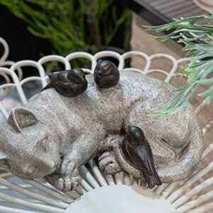 LC LCdecohome Sleeping Cat Garden Statues Outdoor - Sparrows On Cat Figurine 12" x 8" x 4.5"