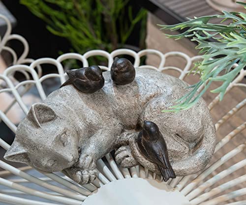 LC LCdecohome Sleeping Cat Garden Statues Outdoor - Sparrows On Cat Figurine 12" x 8" x 4.5"