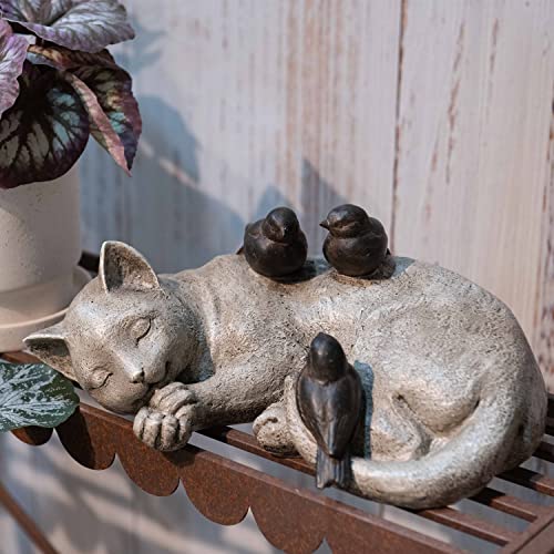 LC LCdecohome Sleeping Cat Garden Statues Outdoor - Sparrows On Cat Figurine 12" x 8" x 4.5"