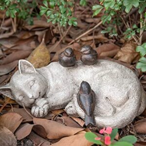 LC LCdecohome Sleeping Cat Garden Statues Outdoor - Sparrows On Cat Figurine 12" x 8" x 4.5"