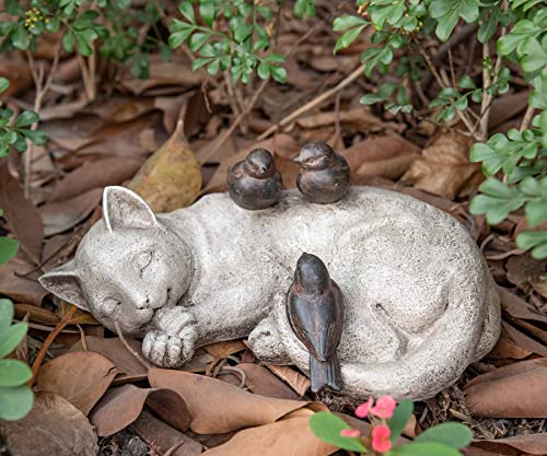 LC LCdecohome Sleeping Cat Garden Statues Outdoor - Sparrows On Cat Figurine 12" x 8" x 4.5"