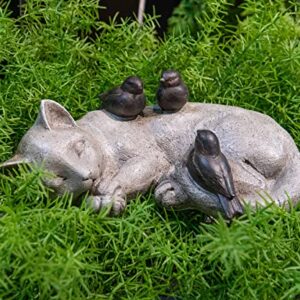 LC LCdecohome Sleeping Cat Garden Statues Outdoor - Sparrows On Cat Figurine 12" x 8" x 4.5"