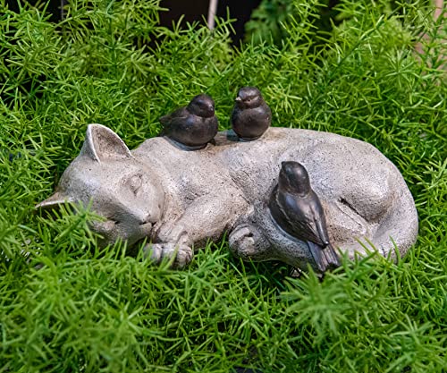 LC LCdecohome Sleeping Cat Garden Statues Outdoor - Sparrows On Cat Figurine 12" x 8" x 4.5"