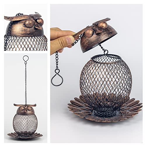 Cinlitek Outdoor Garden Wild Bird Feeder Hanging Bird Feeders, Heavy Duty Copper Metal Mesh Wild Finch Bird Feeder for Outside with Hook for Garden Yard Decor, Owl Shaped