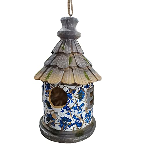 OUSHUAI Bird House for Outdoor with Pole Garden Decor Hanging Birdhouses Weatherproof BirdNest for Outside Bluebird, Finch, Wren, Chickadee, Wild Birds Big Size Resin White Bule