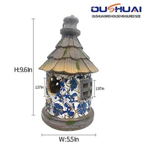 OUSHUAI Bird House for Outdoor with Pole Garden Decor Hanging Birdhouses Weatherproof BirdNest for Outside Bluebird, Finch, Wren, Chickadee, Wild Birds Big Size Resin White Bule