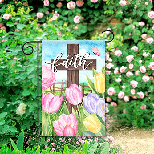 Morigins Easter Cross Garden Flag Decorative Spring Flower Religious Flag He is Risen 12.5 x 18 Inch