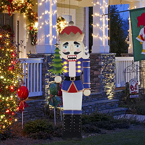 DR.DUDU Christmas Outdoor Decorations, 39 Inch LED Lights Nutcracker Yard Stake Holding Christmas Tree, Multi-Use Hanging Nutcracker Sculpture, Front Door Porch Garden Yard Lawn Wall Decor