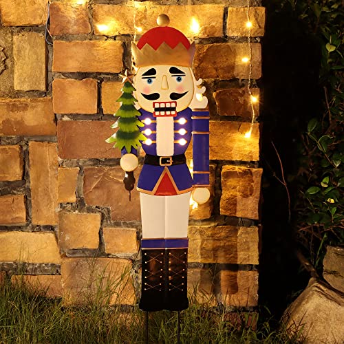 DR.DUDU Christmas Outdoor Decorations, 39 Inch LED Lights Nutcracker Yard Stake Holding Christmas Tree, Multi-Use Hanging Nutcracker Sculpture, Front Door Porch Garden Yard Lawn Wall Decor