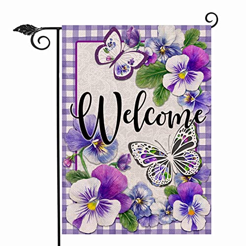 Hzppyz Welcome Summer Pansy Butterfly Garden Flag Double Sided, Purple Buffalo Plaid Check Decorative Yard Outdoor Small Decor, Spring Farmhouse Home Outside Decorations 12 x 18