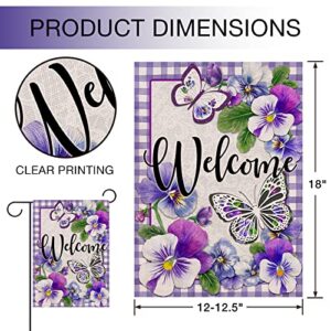 Hzppyz Welcome Summer Pansy Butterfly Garden Flag Double Sided, Purple Buffalo Plaid Check Decorative Yard Outdoor Small Decor, Spring Farmhouse Home Outside Decorations 12 x 18