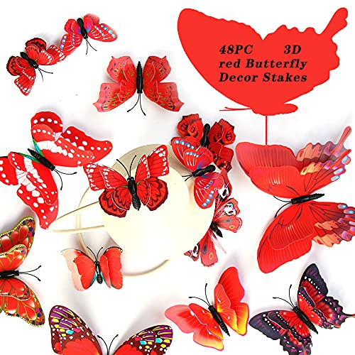 FENELY Butterfly Garden Decor Stakes,Double Wing Waterproof 3D Red Butterflies Garden Ornaments Outdoor Decorations for Patio Lawn Yard PVC Gardening Art Christmas Whimsical Gifts