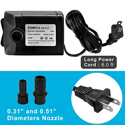 DOMICA 220 GPH Ultra Quiet Fountain Pump, Small Submersible Pump ( 15W 800L/H ) for Pond, Water Feature, Aquariums, Hydroponics, Indoor or Outdoor Fountain