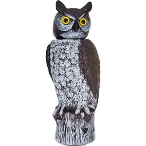 dalen fake owl decoy to scare birds away from gardens, rooftops, and patios – scarecrow provides chemical-free pest control – safe and humane, 18″ 360º rotating head